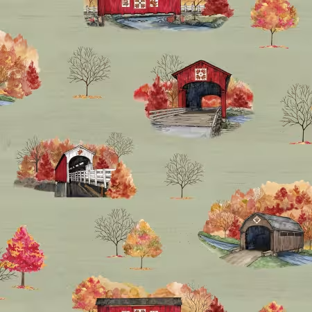 Covered Bridges in Fall Main Sage – Busy Lady Quilt Shop